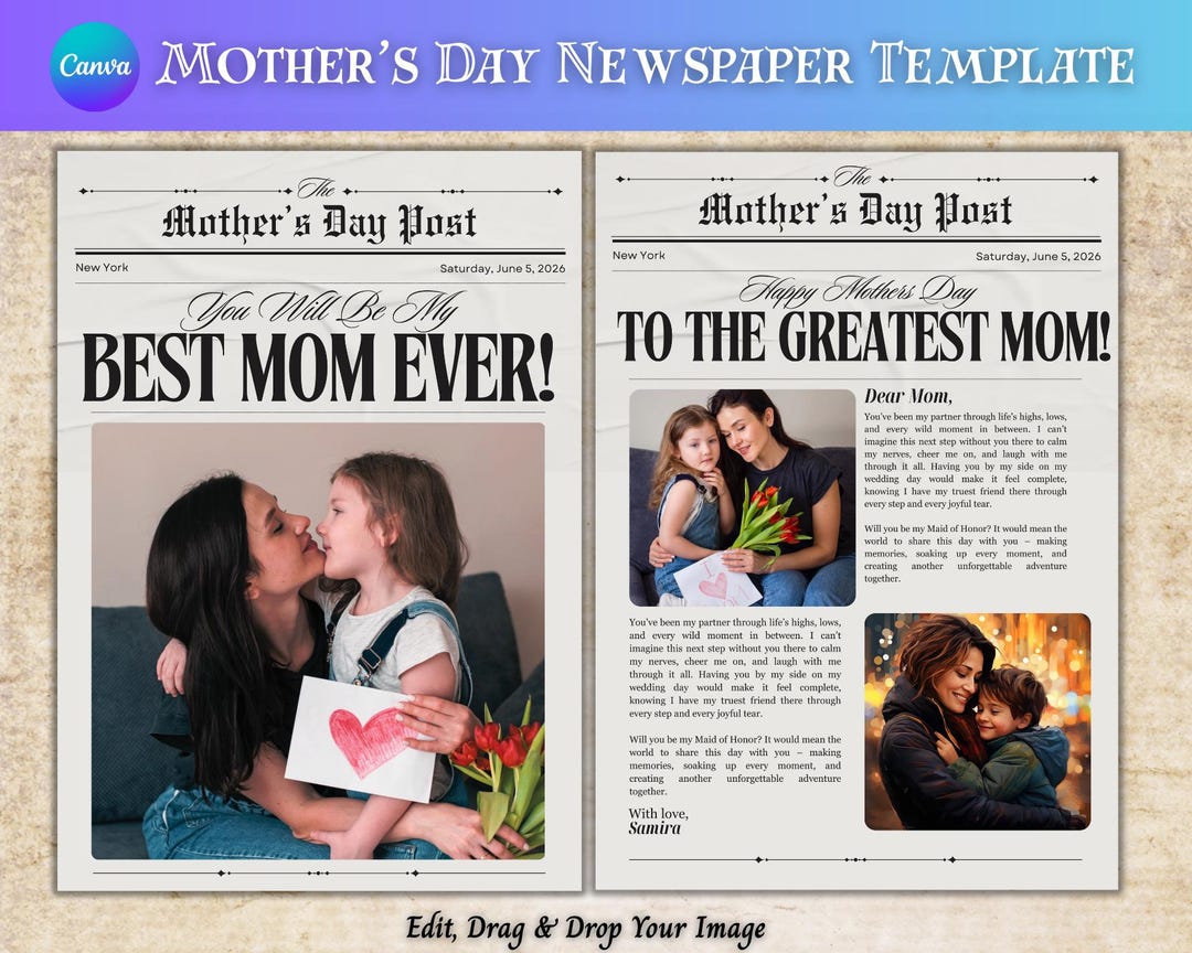 Editable Mother’s Day Newspaper Template, Personalized Canva Template ...