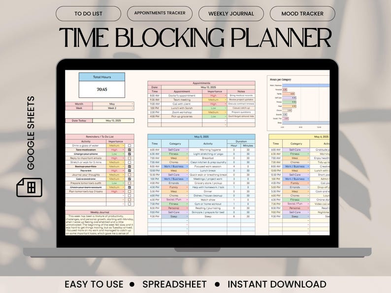 Minimalist Weekly Time Blocking Planner Template in Googlesheets Time ...