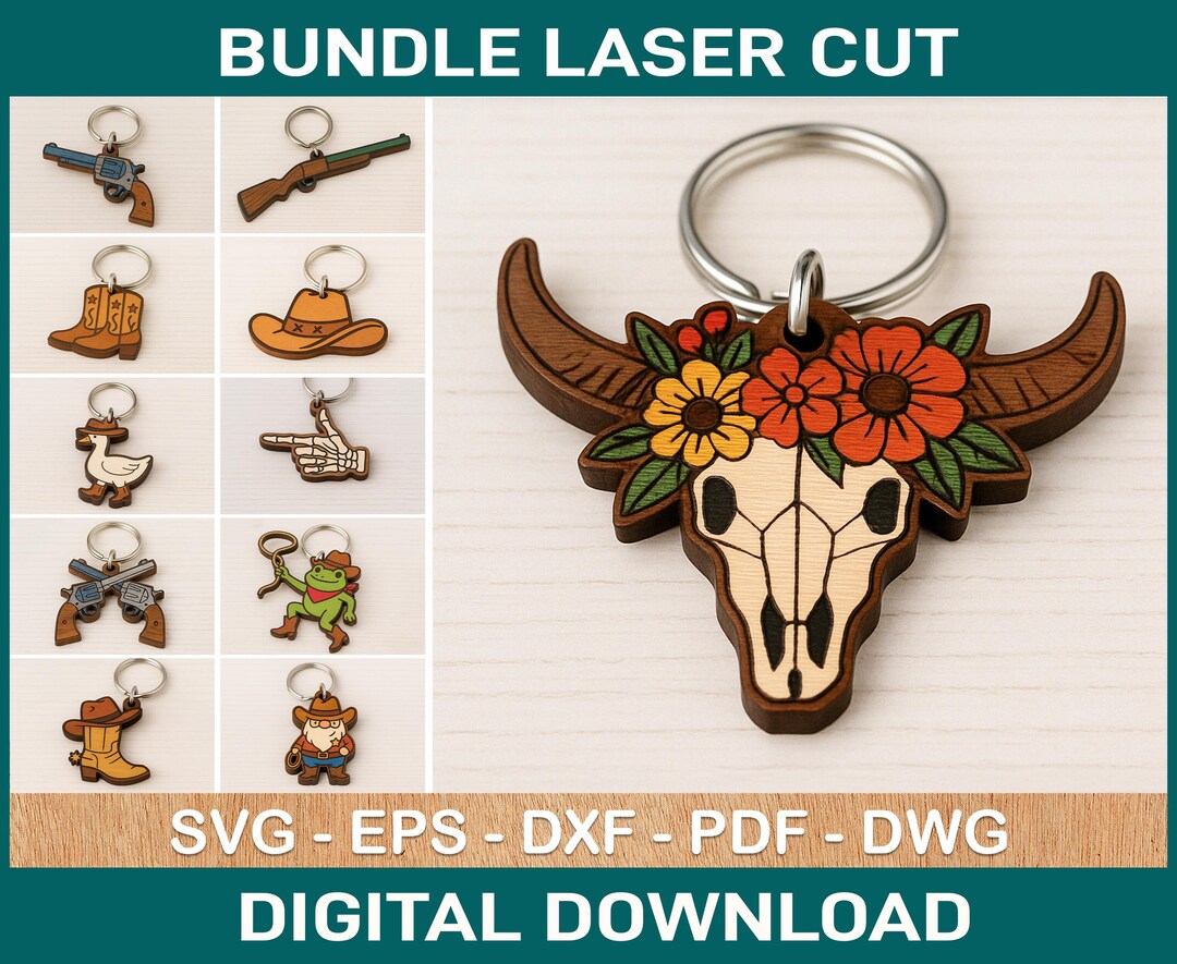 Wild West Keychains Laser Cut Bundle, Cowboy Wild West SVG, Western ...