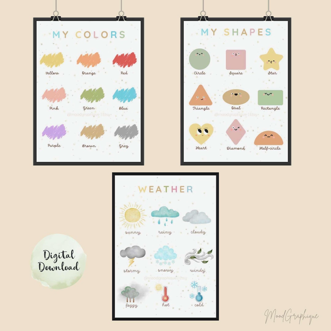 Colors Shapes Weather Bundle Printable - 3 Educational Posters for Kids ...