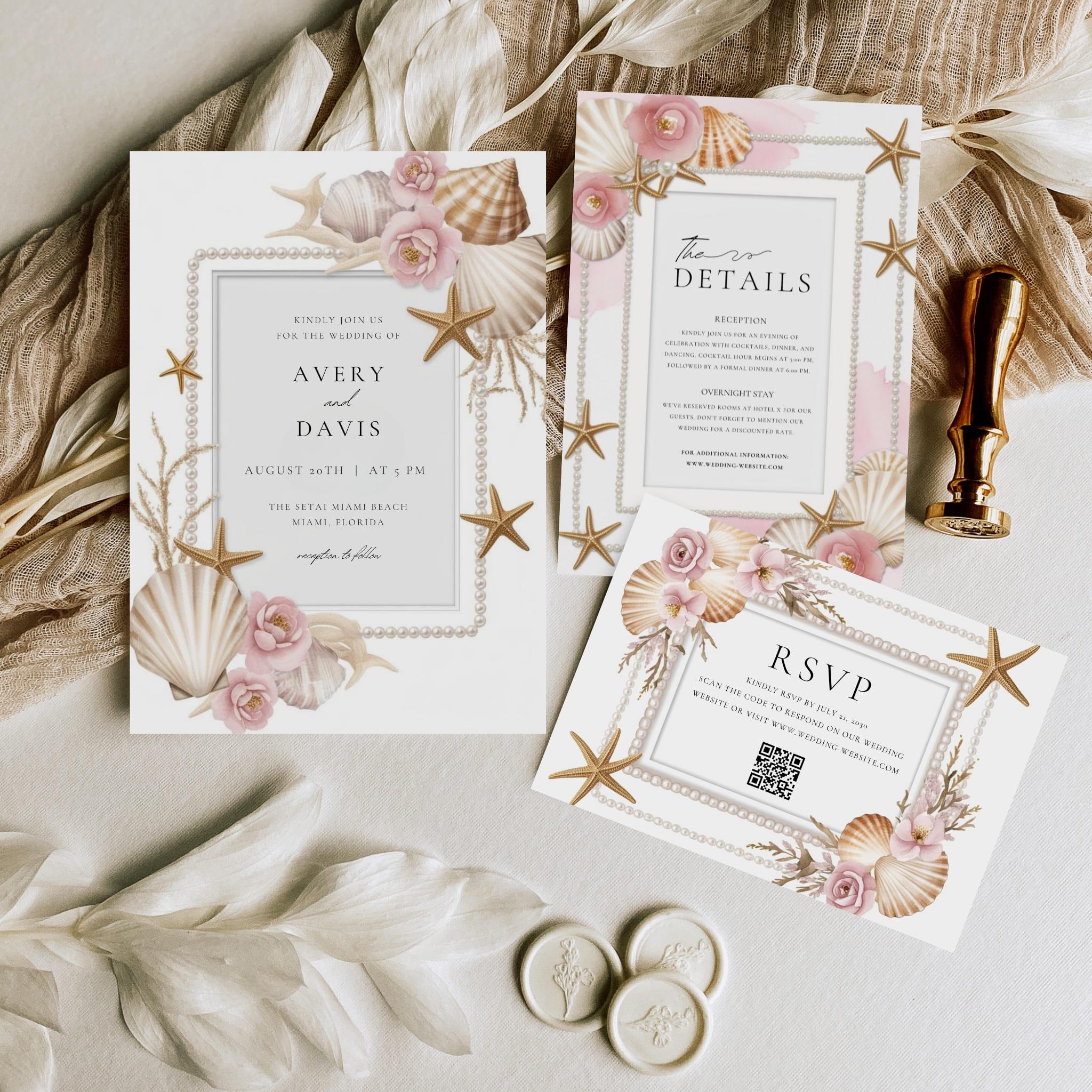 Beach Wedding Invitation Template Set, Seashells and Starfish Beach ...