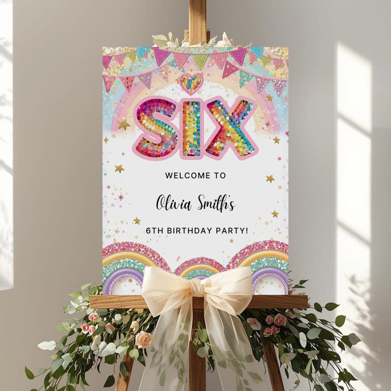 Editable Rainbow Sequin 6th Birthday Welcome Sign: Printable Canva ...