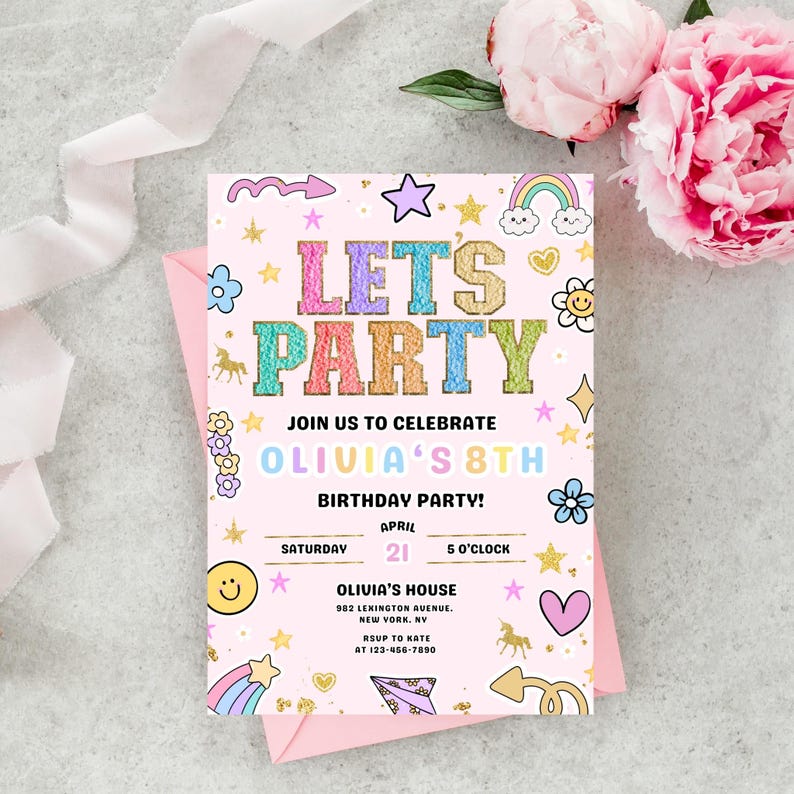 Patch Letter Invitation, Editable Girl Birthday Invitation, Varsity ...