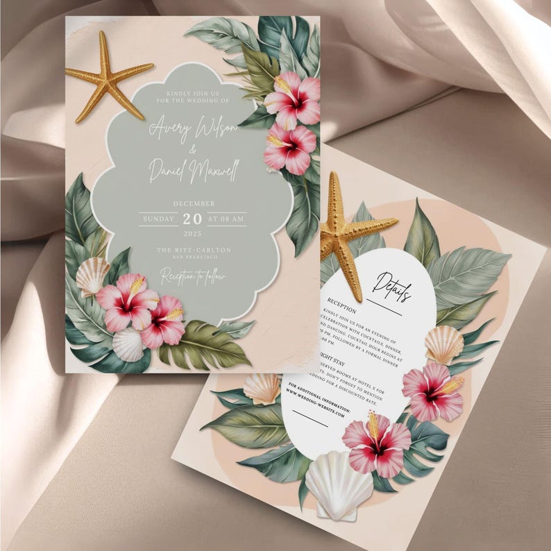 Green Tropical Wedding Invitation Template, Beach Wedding Invitation ...