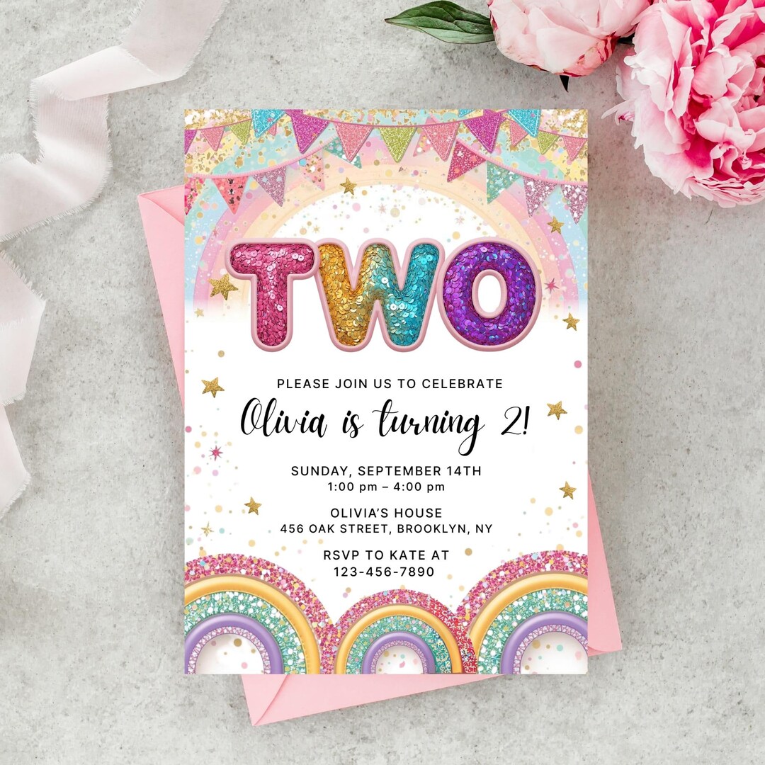 Editable Rainbow Sequin 2th Birthday Invitation: Printable Canva ...
