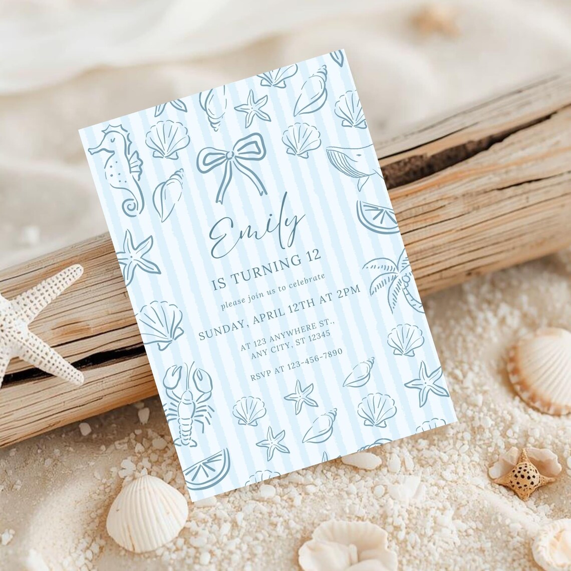 Editable Coquette Blue Shell Birthday Invitation, Seashells Birthday ...