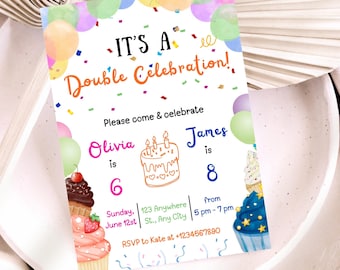 Join Party Birthday Invitation, Sibling Birthday Party, Double Birthday ...