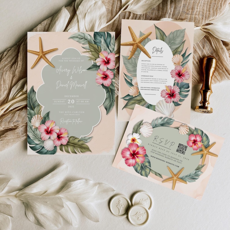 Green Tropical Wedding Invitation Template, Beach Wedding Invitation ...