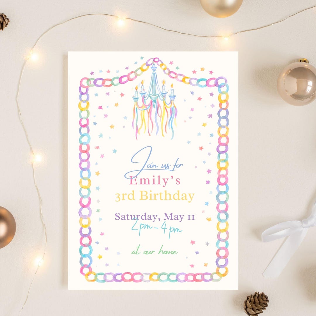 Whimsical Paper Chains and Stars Birthday Party Invitation, Colorful ...