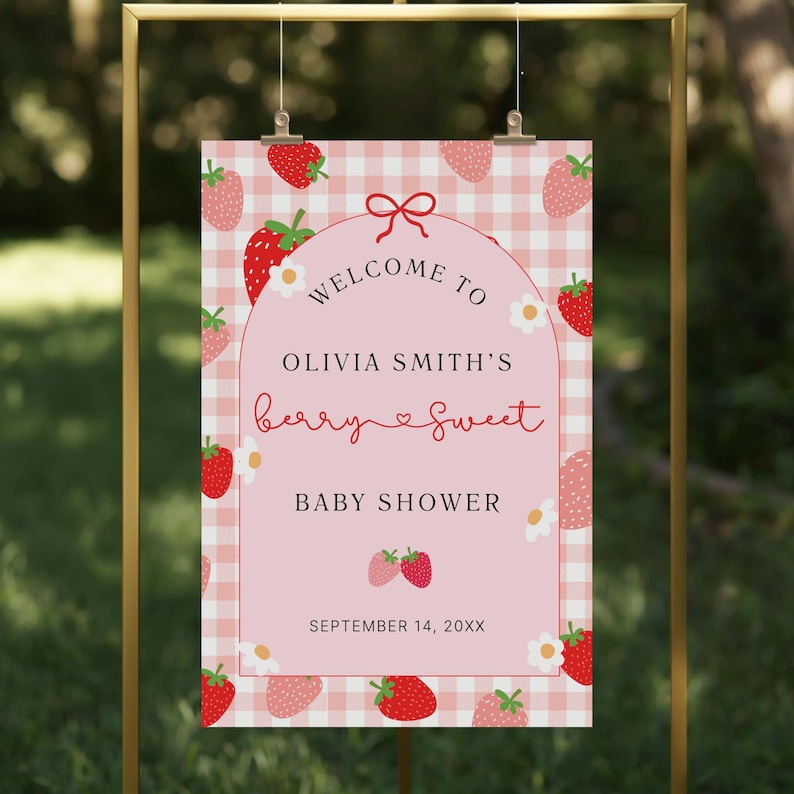 Strawberry Baby Shower Sign, Berry Sweet Baby Shower Welcome Sign ...