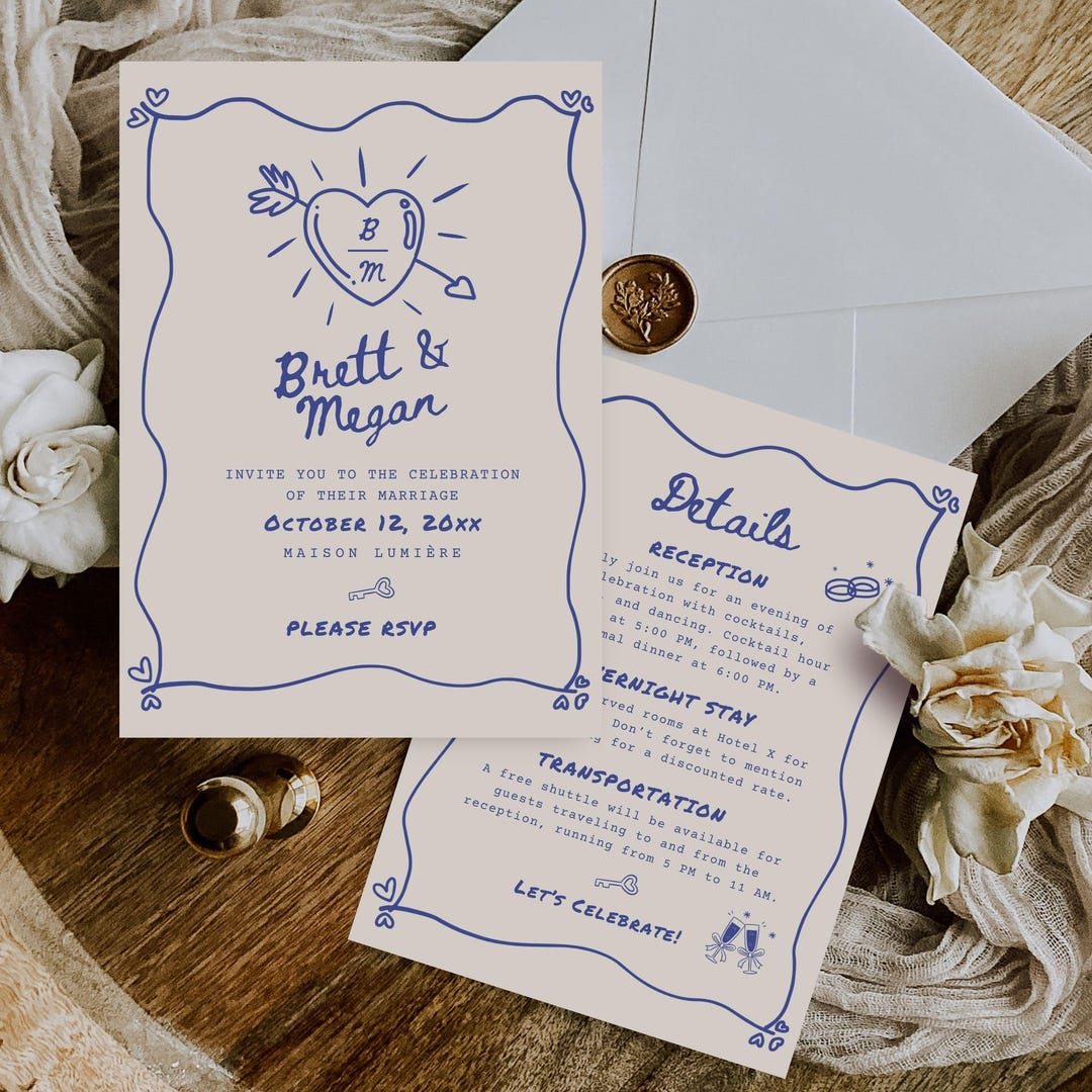 Whimsical Scribble Illustrated Wedding Invitation, Hand Drawn Printable ...