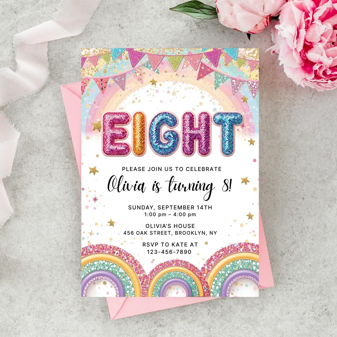 Editable Rainbow Sequin 8th Birthday Invitation: Printable Canva ...