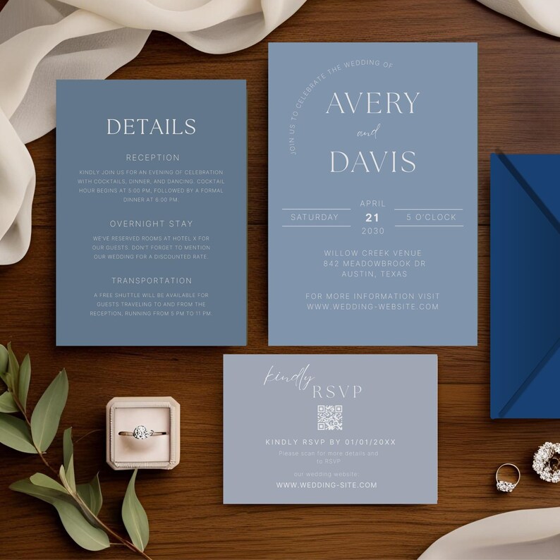 Light Blue Wedding Invitation Template Suite, Wedding Invitation With ...