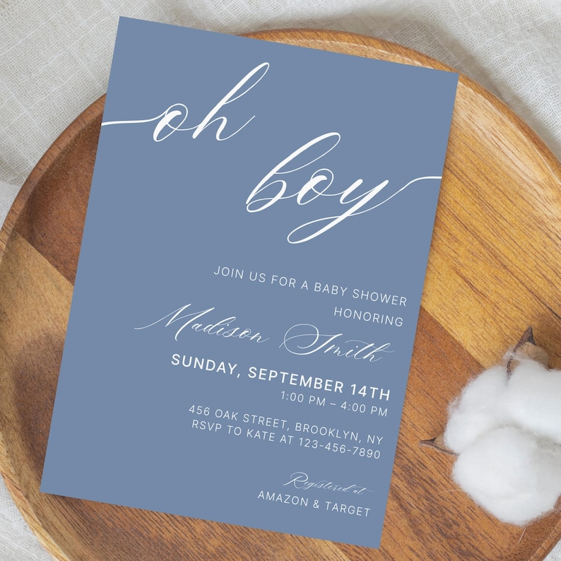 Editable Blue Boy Baby Shower Invitation, Minimalist Blue Baby Boy ...