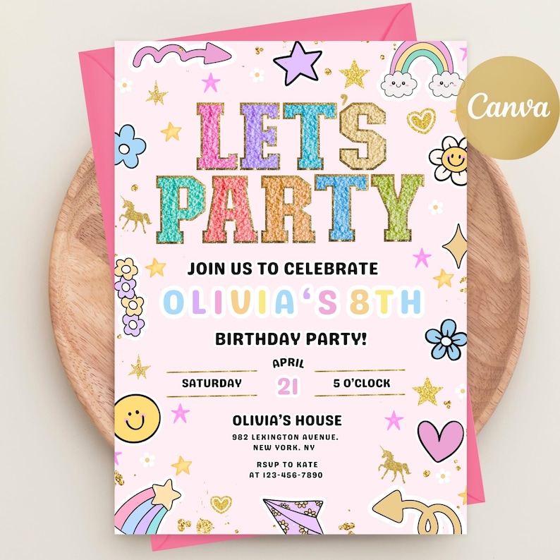 Patch Letter Invitation, Editable Girl Birthday Invitation, Varsity ...