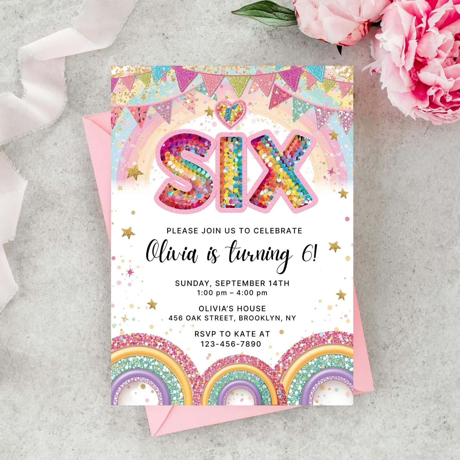 6th Birthday Invitation Girl, 6th Rainbow Sequin Birthday Editable ...