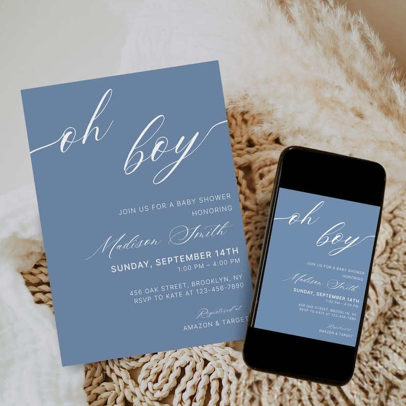 Editable Blue Boy Baby Shower Invitation, Minimalist Blue Baby Boy ...