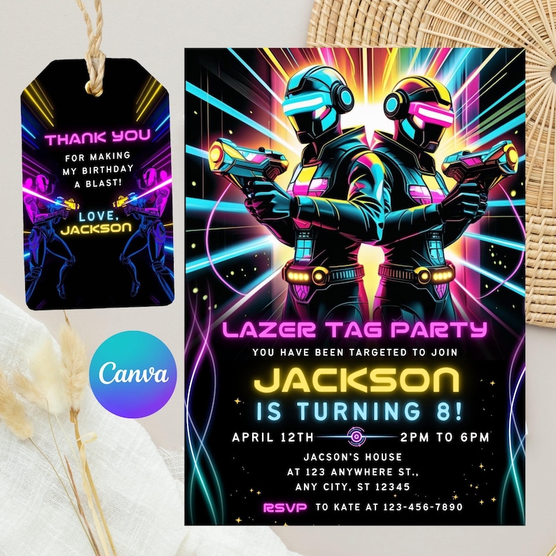 EDITABLE Laser Tag Birthday Invitation, Laser Tag Invitation, Neon Glow ...