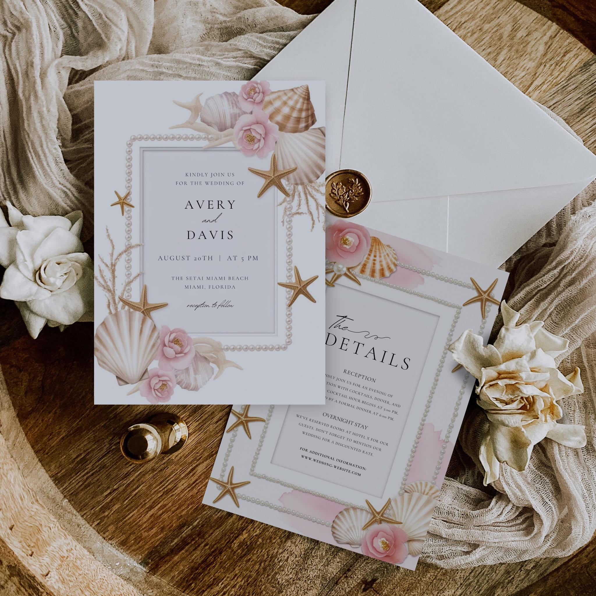 Beach Wedding Invitation Template Set, Seashells and Starfish Beach ...