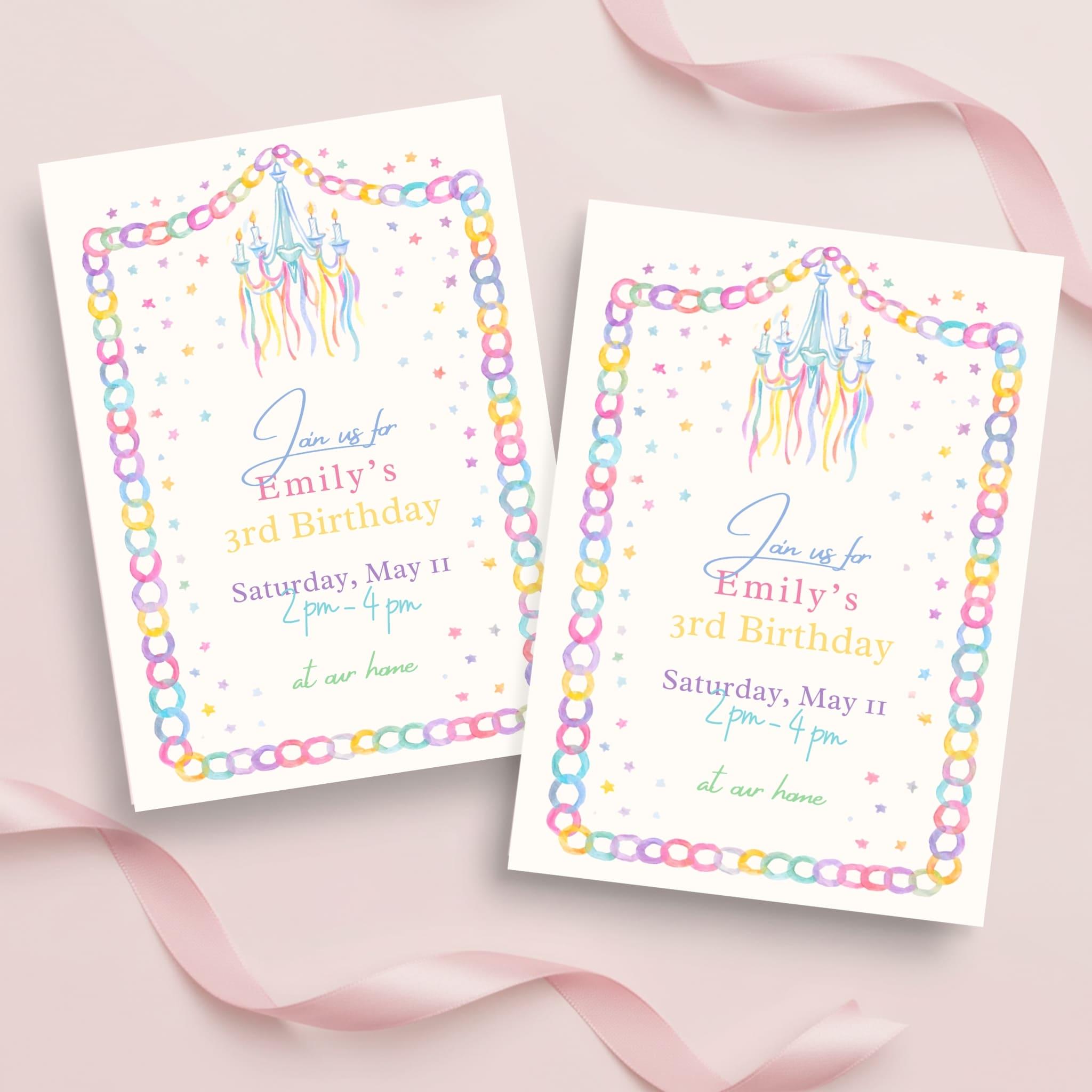 Whimsical Paper Chains and Stars Birthday Party Invitation, Colorful ...