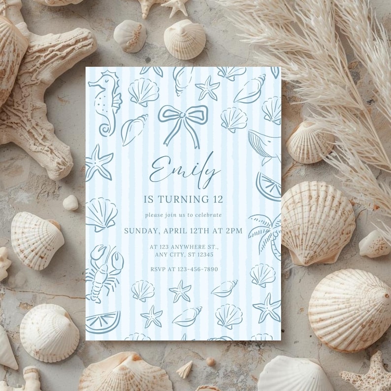 Editable Coquette Blue Shell Birthday Invitation, Seashells Birthday ...