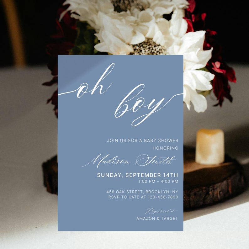 Editable Blue Boy Baby Shower Invitation, Minimalist Blue Baby Boy ...