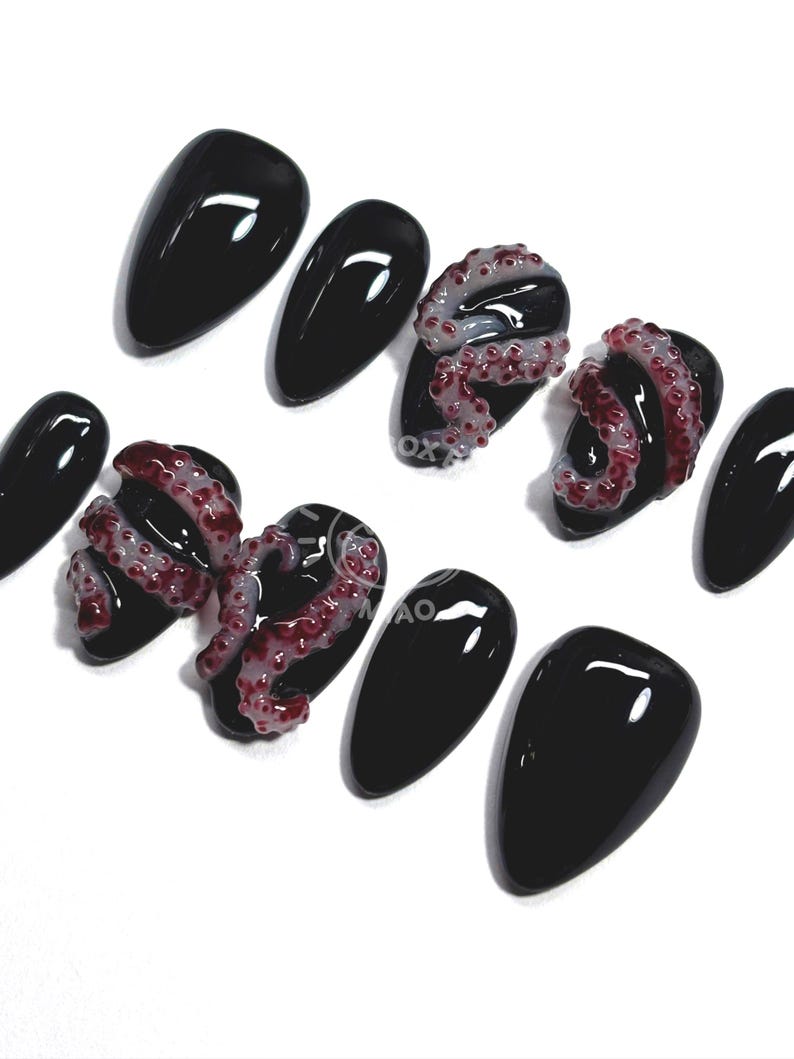 Octopus Tentacle Press on Nails: Black Gothic 3D Nail Art - Etsy