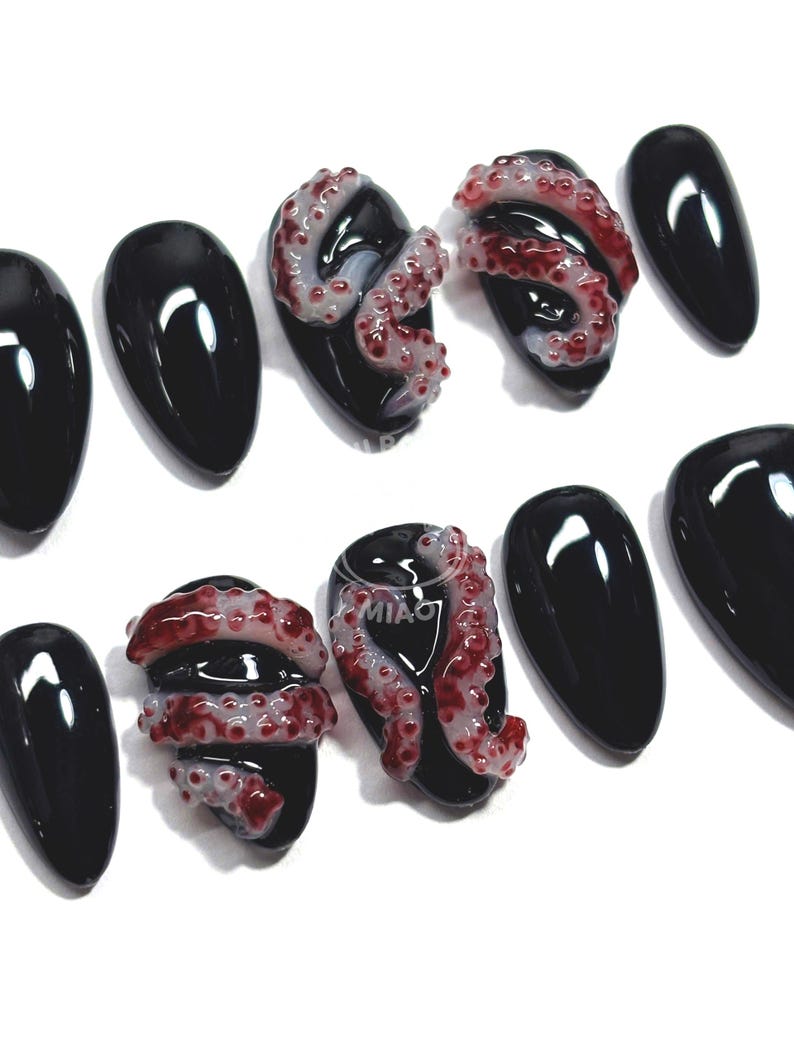 Octopus Tentacle Press on Nails: Black Gothic 3D Nail Art - Etsy