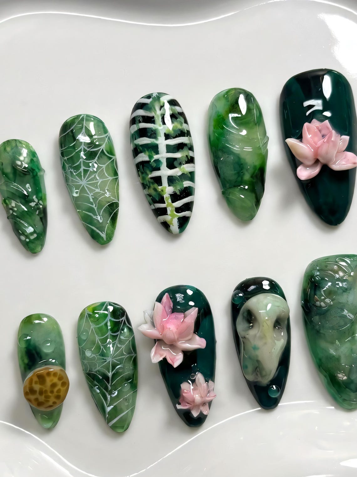 Swamp Witch Press on Nails: Plague Mask Ribcage and Pink Water Lily Art ...