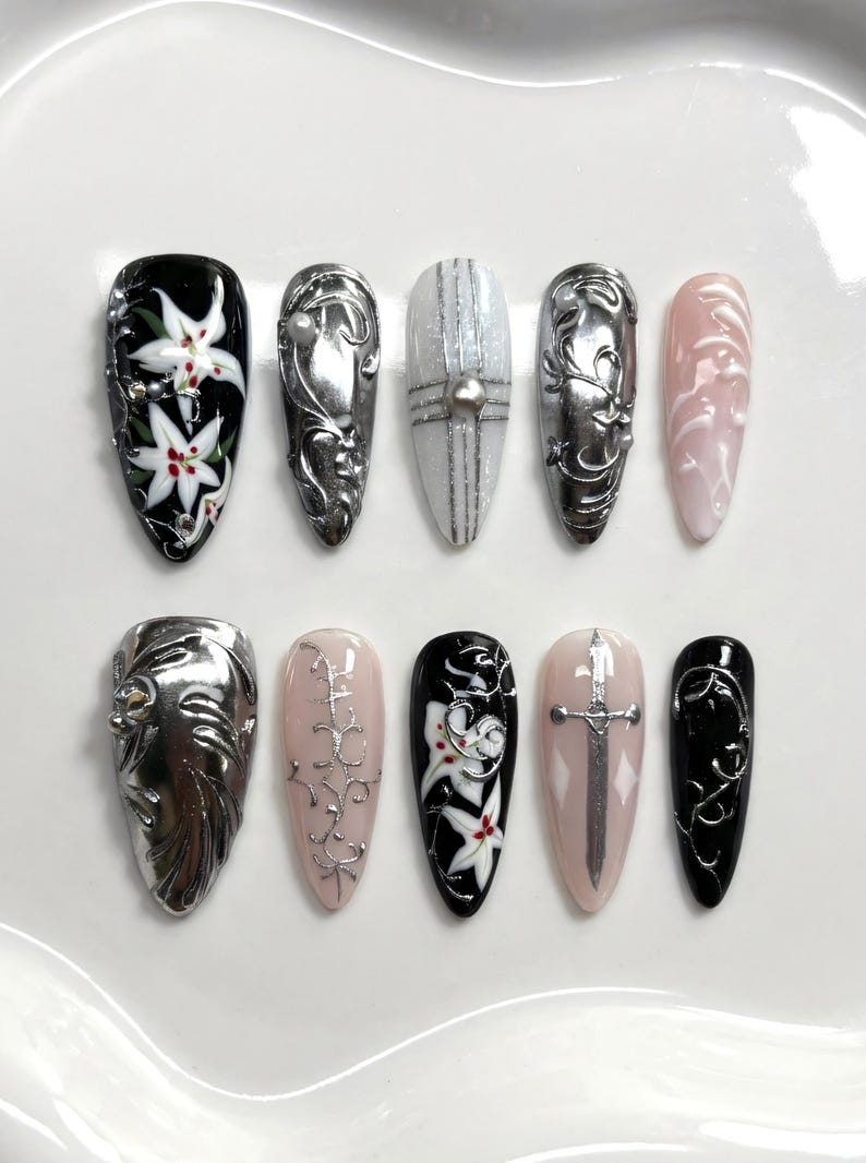 Medieval Floral Press on Nails: Chrome Cross, Armor Sculpt & Dark ...