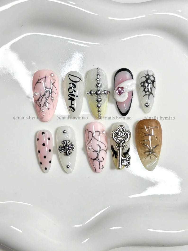 Vintage Gothic Press on Nails: 3D Key, Cross, Pearls & Elegant Script ...