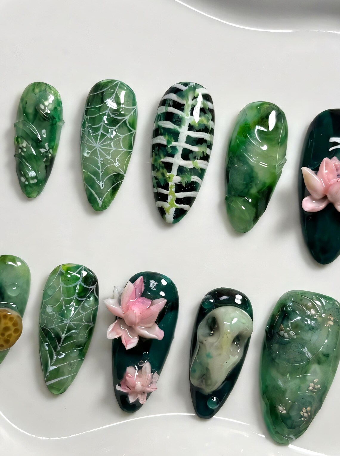 Swamp Witch Press on Nails: Plague Mask Ribcage and Pink Water Lily Art ...
