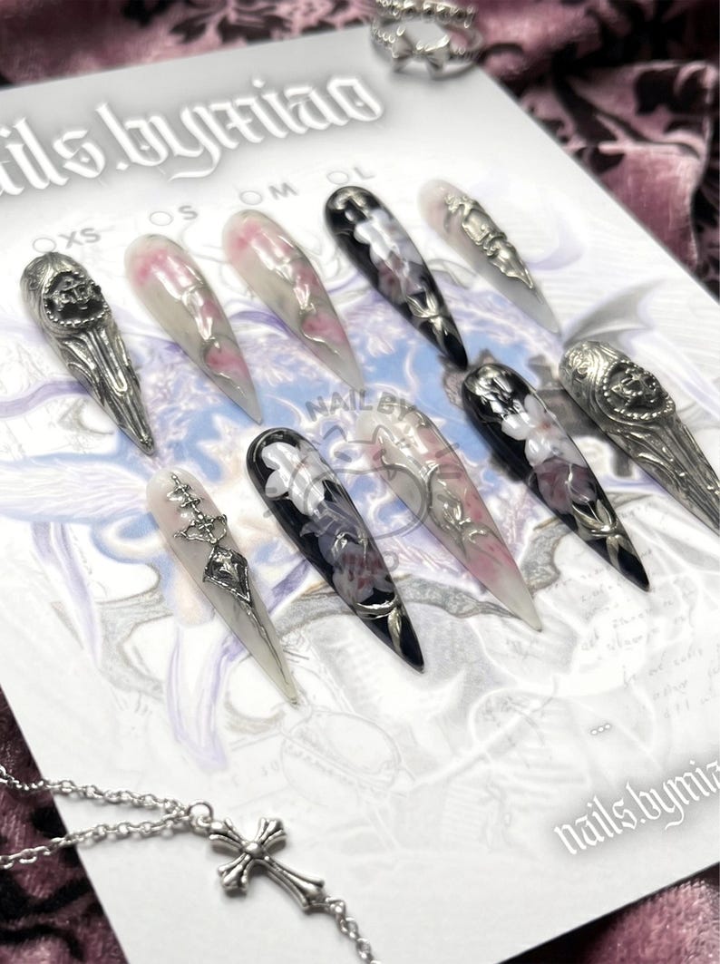 Gothic Armor Press on Nails: 3D Silver Cathedral Cross and Orchid Art ...