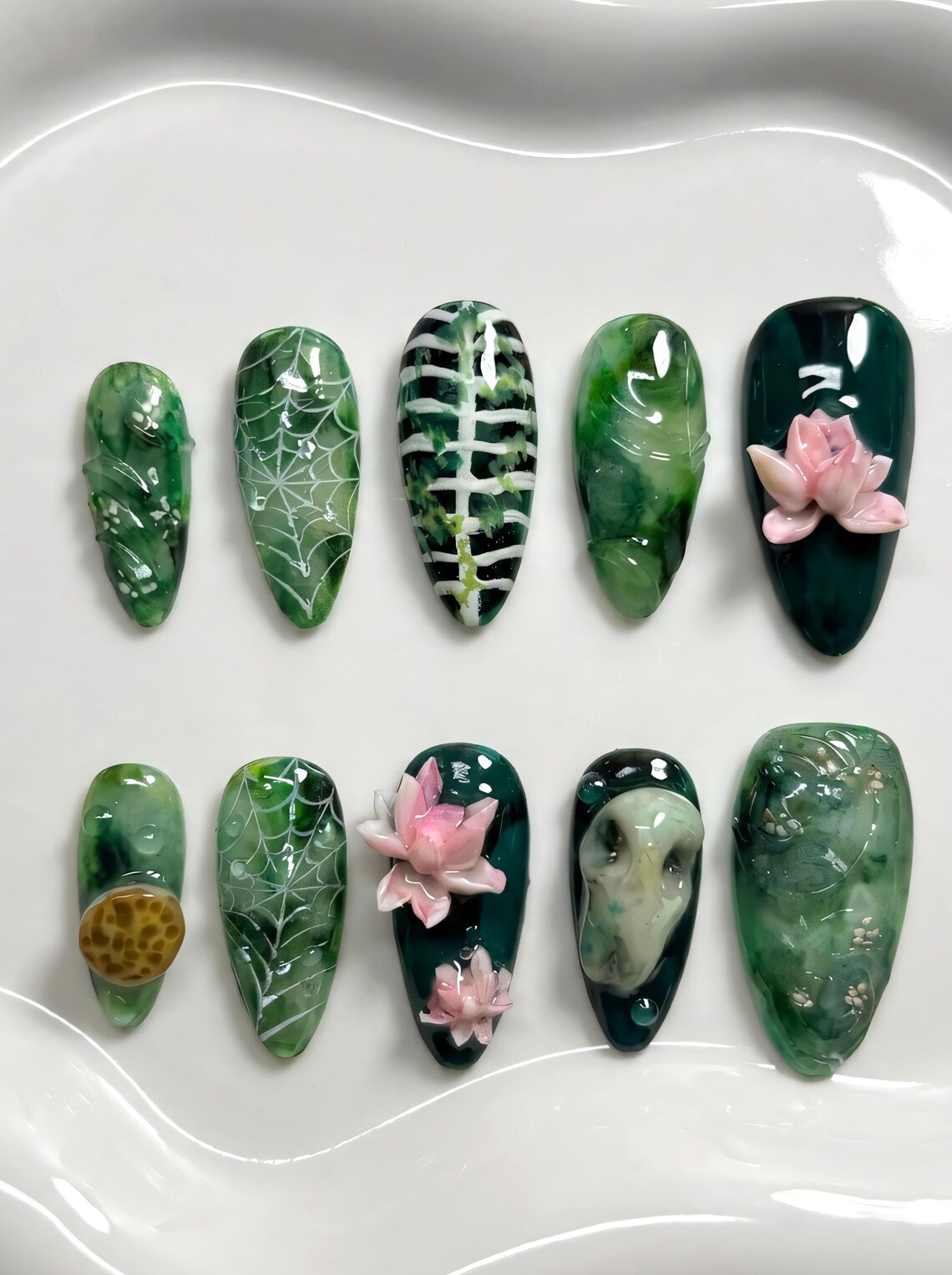 Swamp Witch Press on Nails: Plague Mask Ribcage and Pink Water Lily Art ...