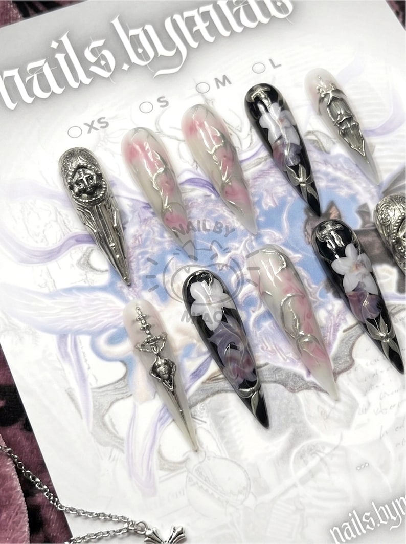 Gothic Armor Press on Nails: 3D Silver Cathedral Cross and Orchid Art ...