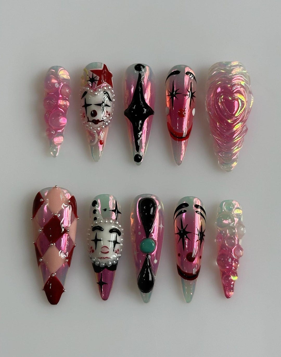 Clown Harlequin Press on Nails: Pink Chrome Carnival 3D Gothic Nail Art ...
