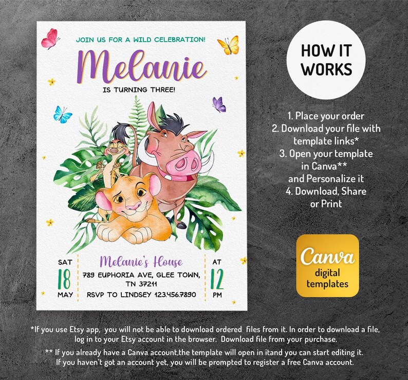 Simba Printable Birthday Invitation Template, Lion King Birthday Invite ...