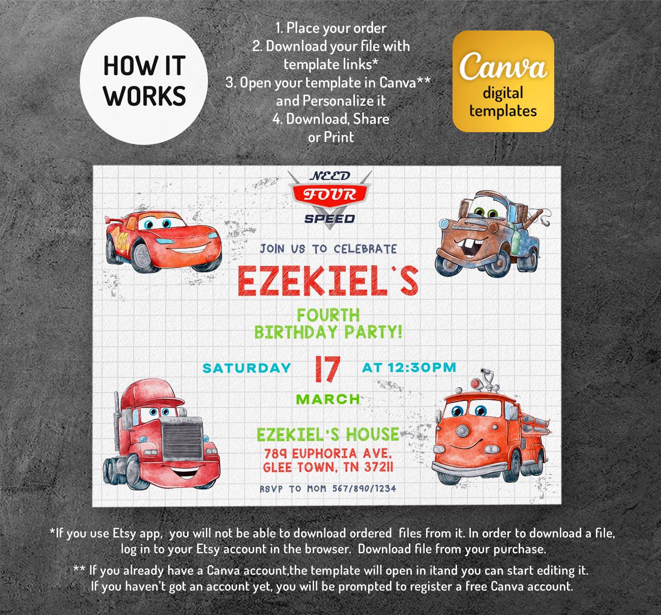 Cars Invitation, Lightning Mcqueen Invite, Printable Birthday Party ...