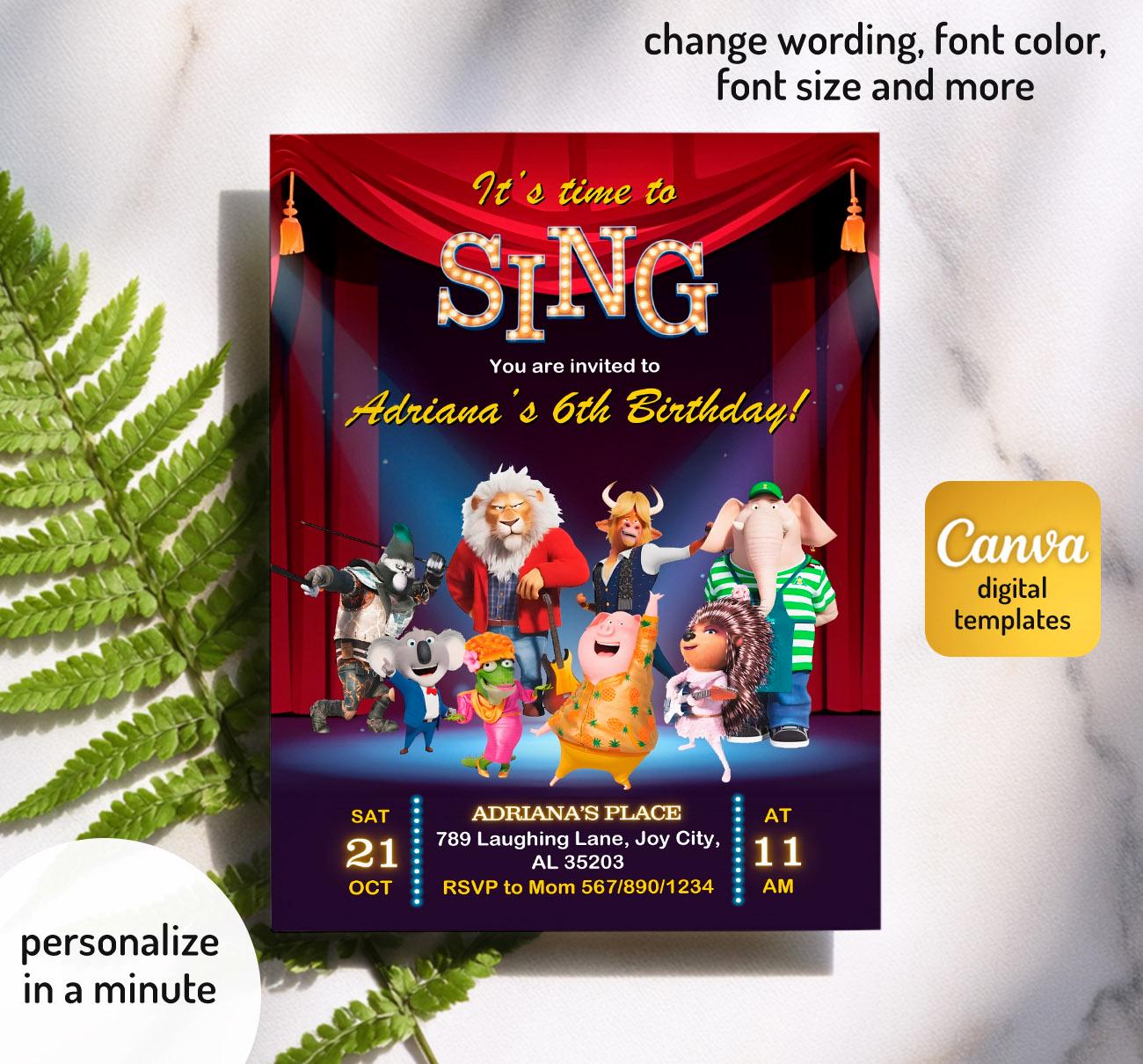 Editable Singer Invitation, Printable Sing 2 Birthday Invitation ...