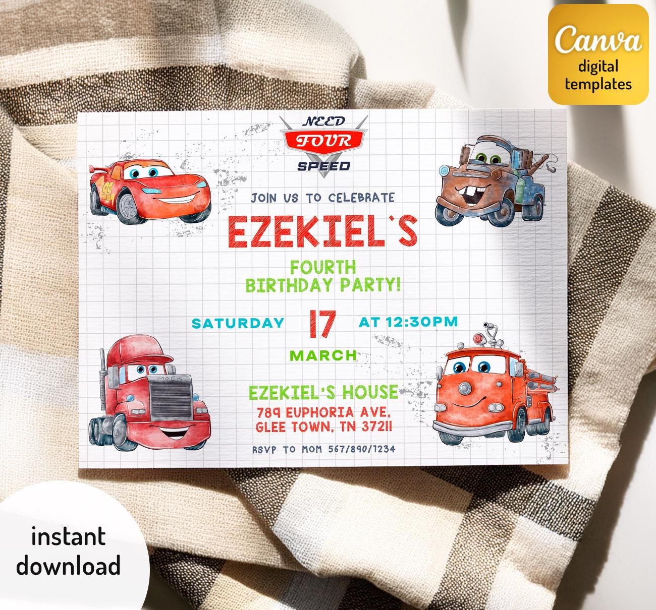 Cars Invitation, Lightning Mcqueen Invite, Printable Birthday Party ...