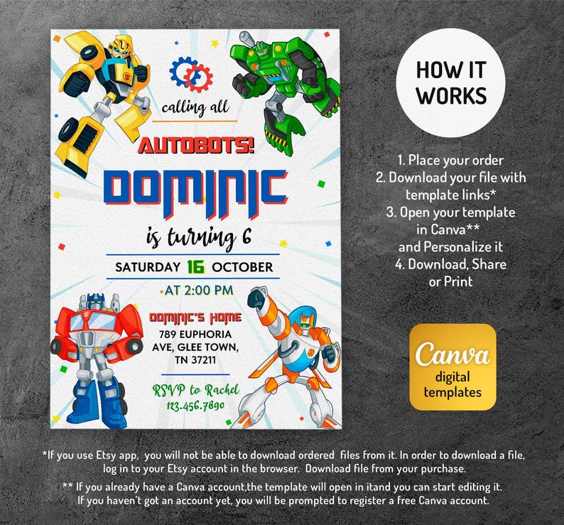Printable Birthday Invitation, Autobots Boy Birthday Invite, Editable ...