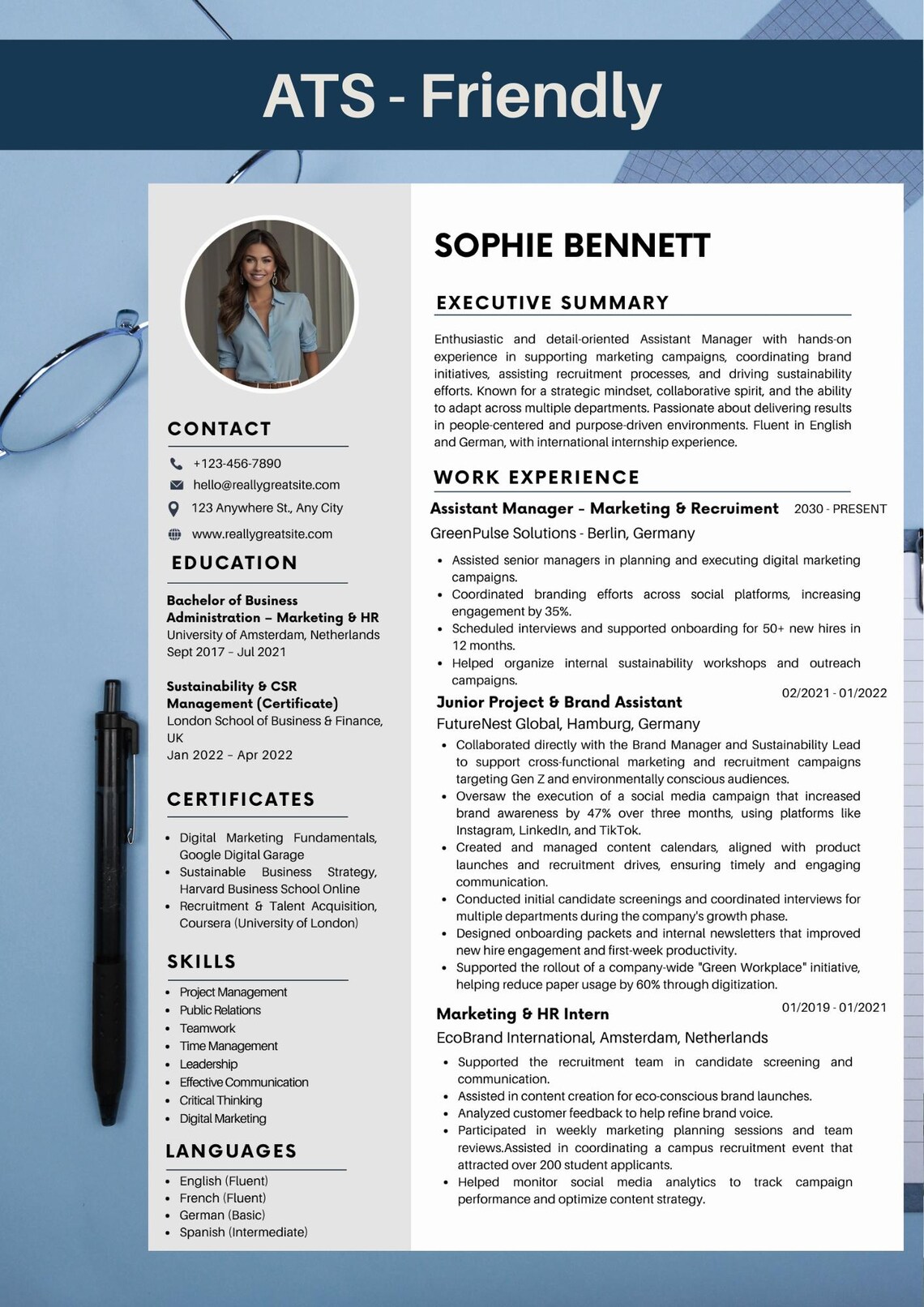 Assistant Manager Resume Template Canva | ATS Friendly CV, Cover Letter ...