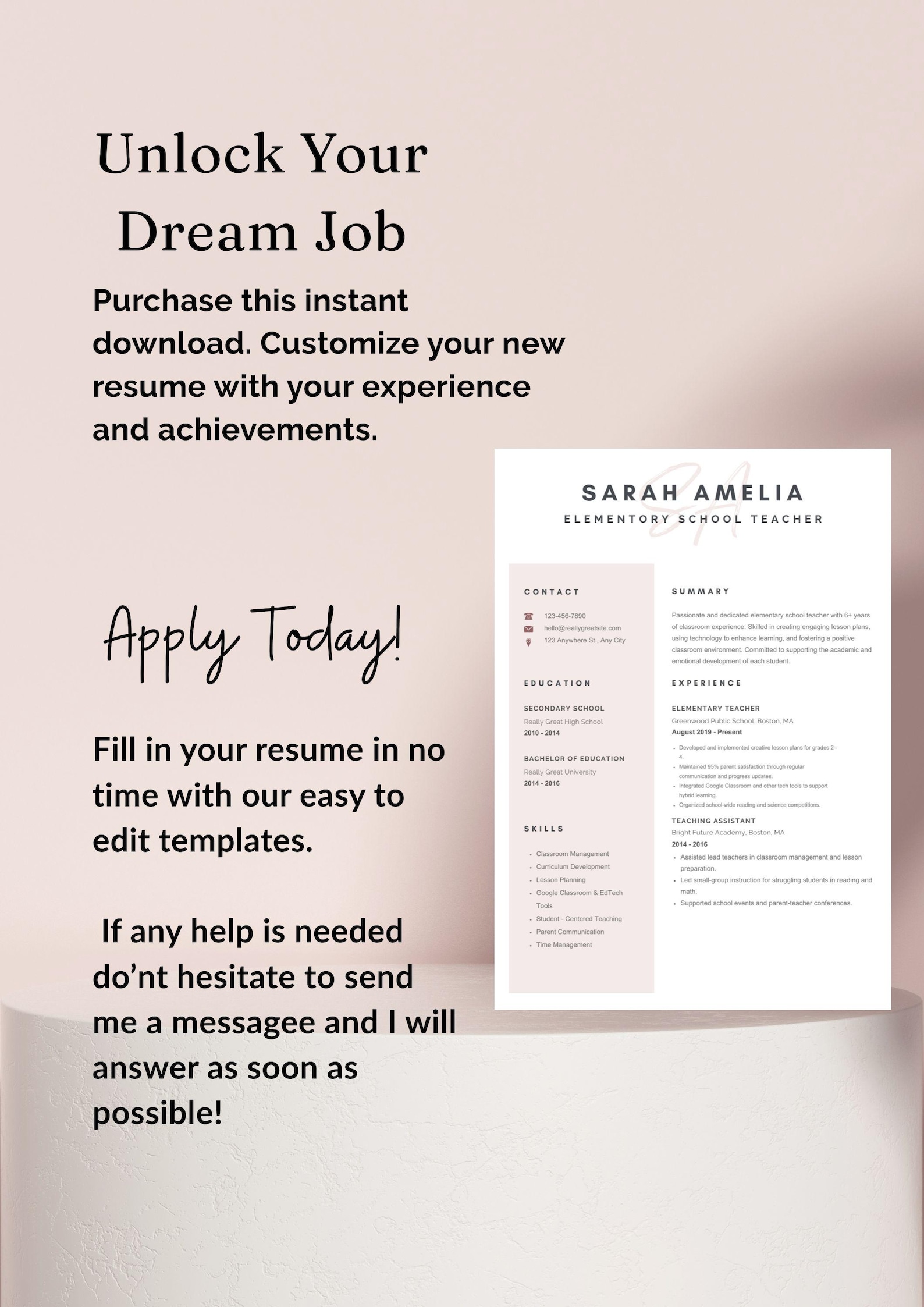 Modern Teacher Resume Template for Canva: Editable CV & Cover Letter - Etsy