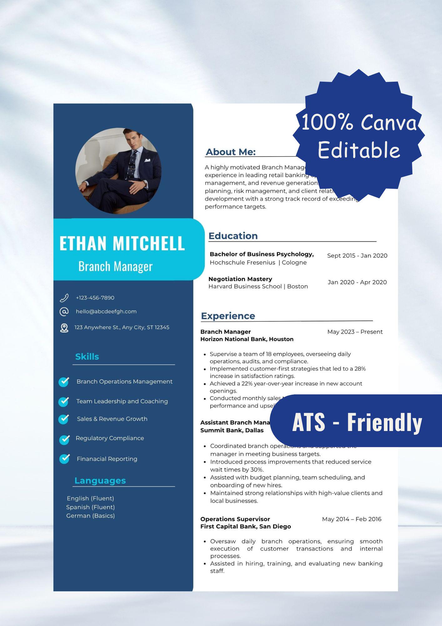 Editable Branch Manager Resume Canva Template Modern Finance CV Banking ...
