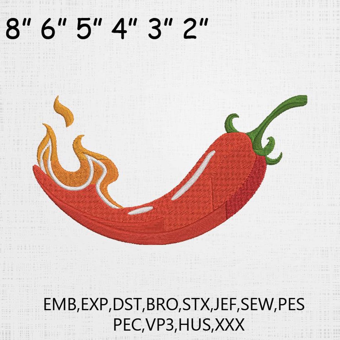 Fiery Chili Pepper Embroidery - Hot Pepper Flame Applique - Kitchen ...