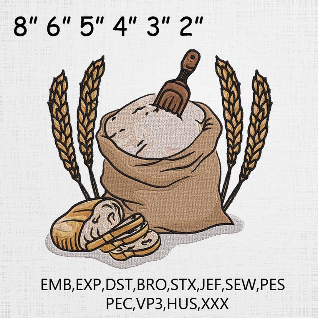 Bakery Embroidery Design - Flour Bag, Wheat and Bread Stitch Pattern ...