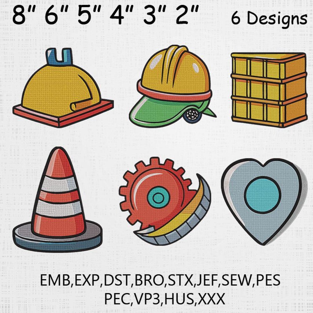 Construction Embroidery Design Set - 6 Industrial Machine Embroidery ...