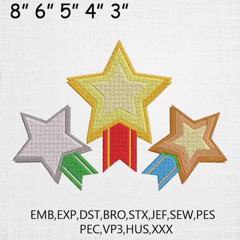 Gold Silver Bronze Star Ribbon Embroidery, Awards Badge Pattern, Star ...