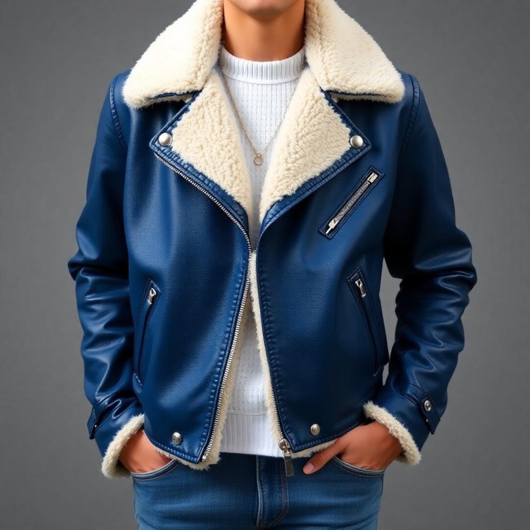 Blue Leather Jacket With Fur for Mans Formal Leather Jacket for Mans ...