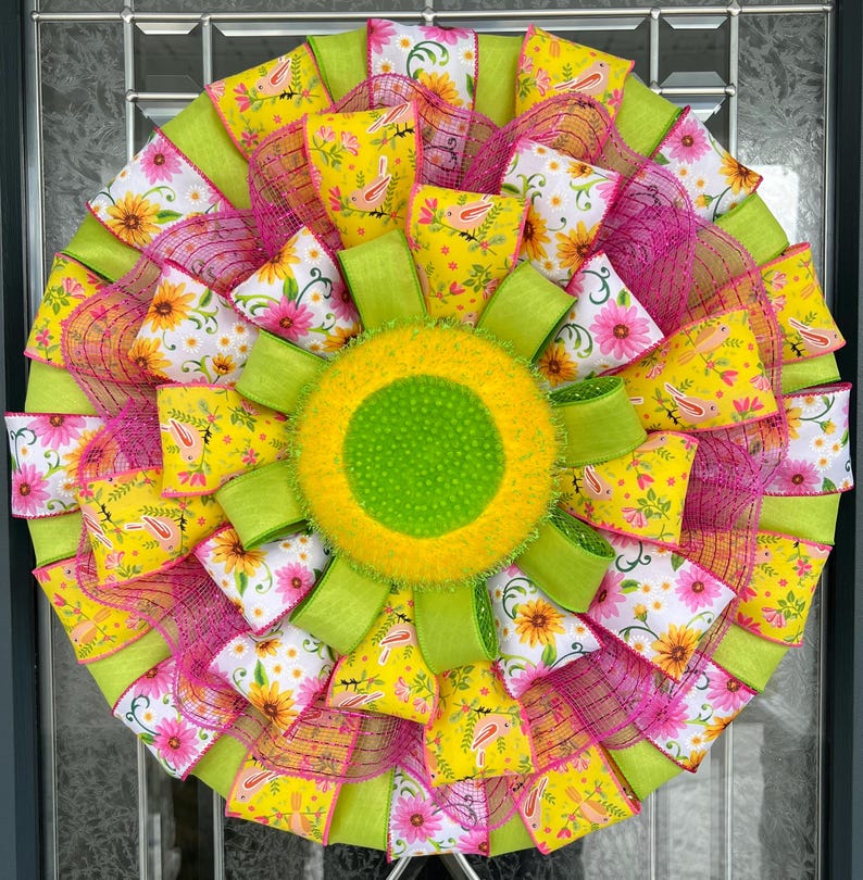 Spring Ribbon Wreath for Front Door, Ribbon Flower Wreath, Front Door ...